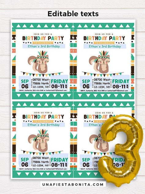 Tribal Printable Invitation - Green - Squirrel-Birthday Party – Una ...